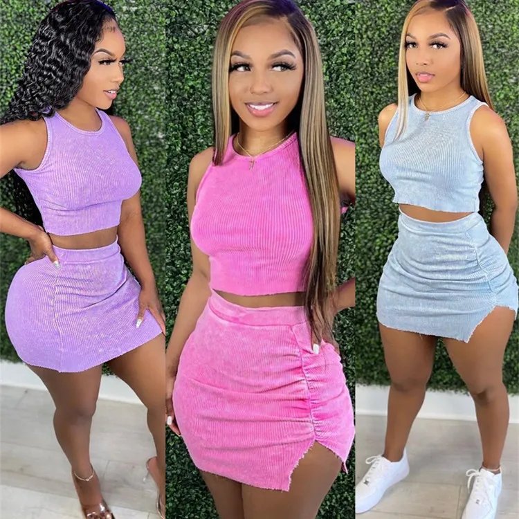 Summer New 2pc Cotton Skirt Sleeveless Crop Top Two Pieces Outfit Slit Women Casual Gray 2 Piece