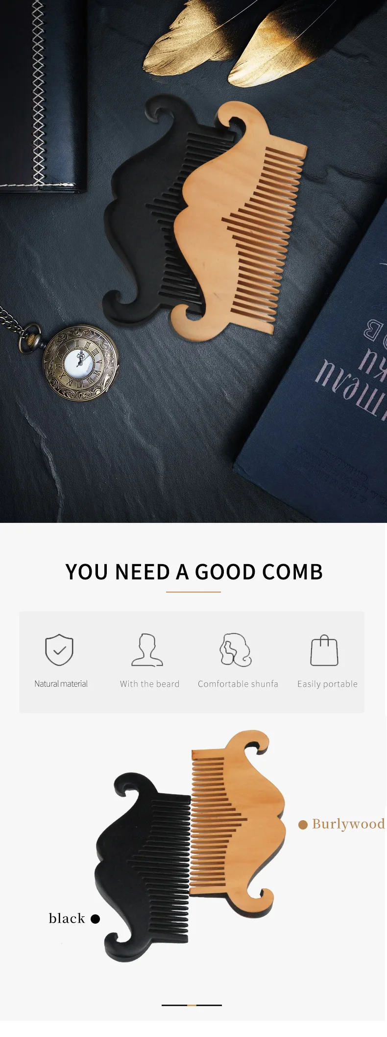 Natural Wooden Barber Parting Comb Wooden Afro Comb For Beard - Buy ...