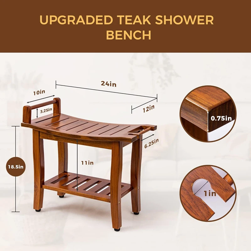 Teak Shower Bench with Shelf Teak Wood Shower Chair Bathroom Stool for ...