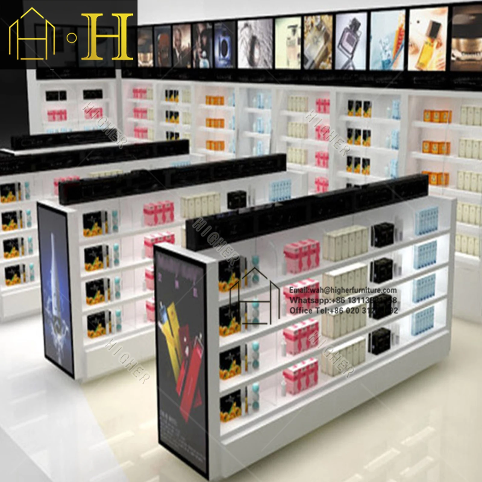 Custom Wooden Wall Cosmetic Glass Shelves Display Cabinet And Makeup ...