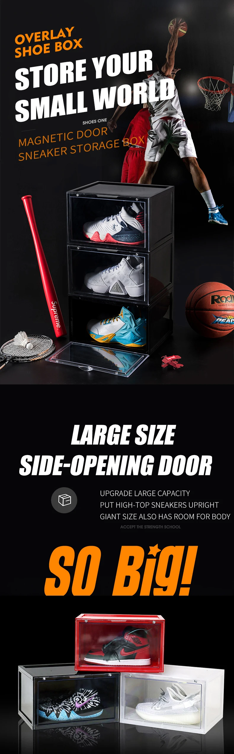 Modern Sneaker Display Case Stackable Shoe Storage Sneaker Storage Black Plastic Shoe Boxes ...