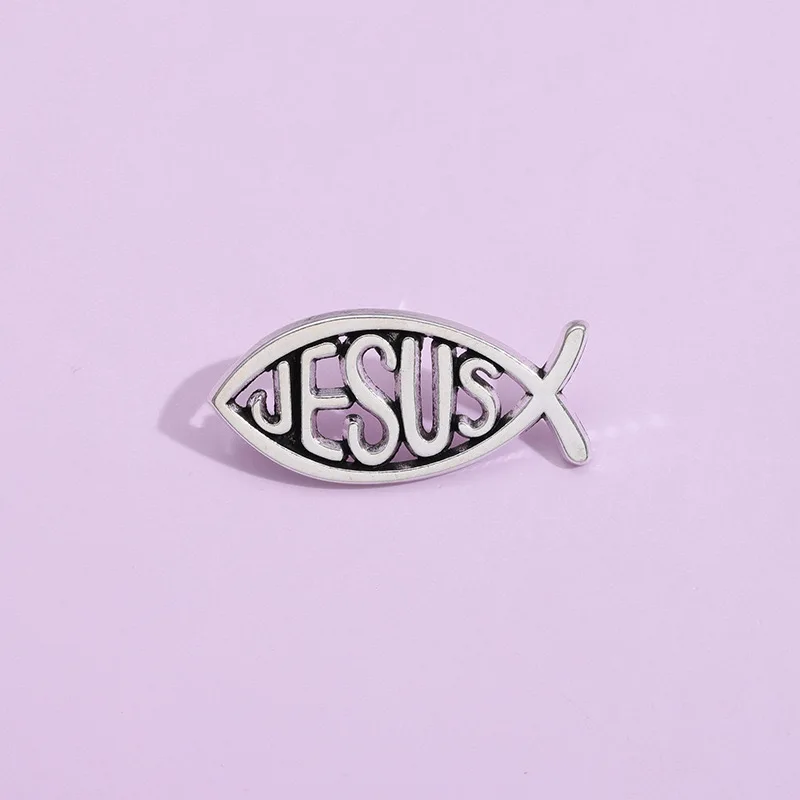 Cartoon Fish Shaped Enamel Pin - Custom Silver Metal JESUS Brooch