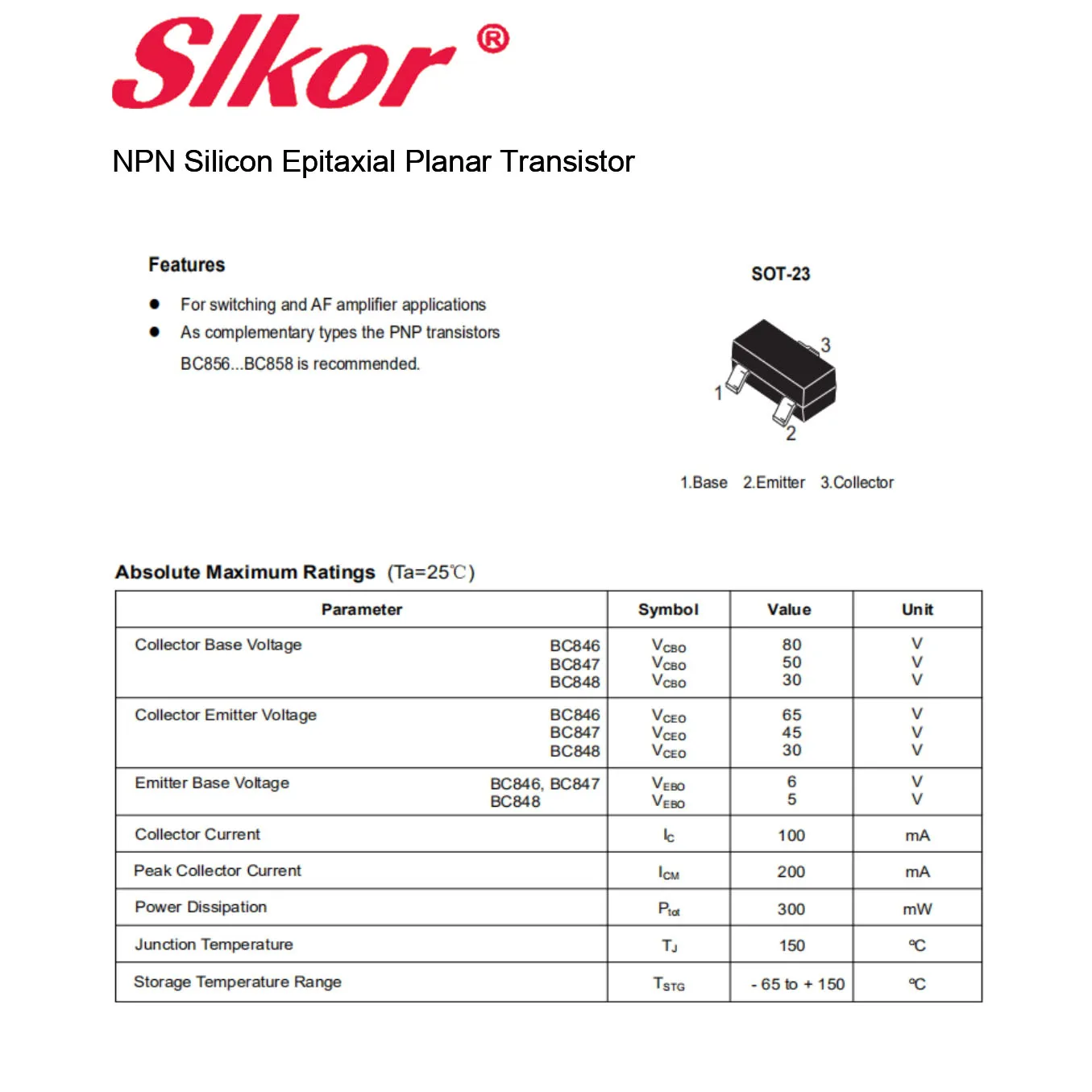Bjt Npn V65 100ma 300mw Sot-23 Npn Silicon Epitaxial Planar Transistor Bc846b - Buy Bc846b-7-f ...