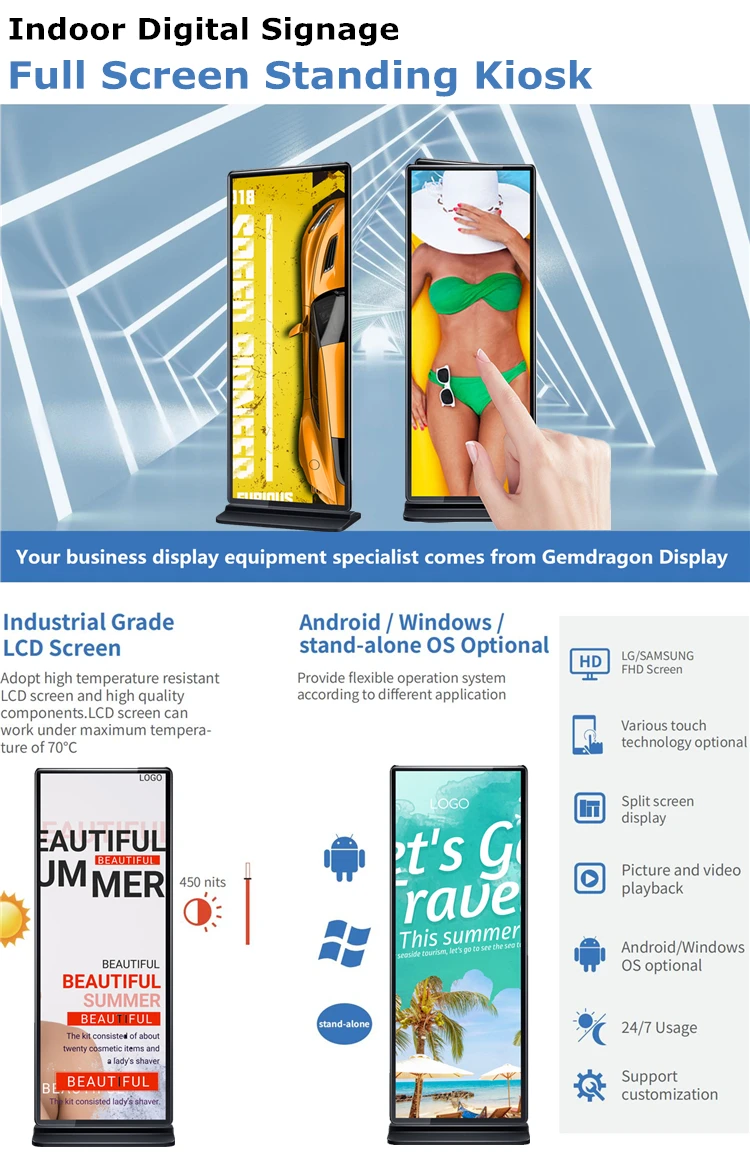 Ultra Thin Floor Standing Advertising Signage 70/75/86 Inch Full Screen ...