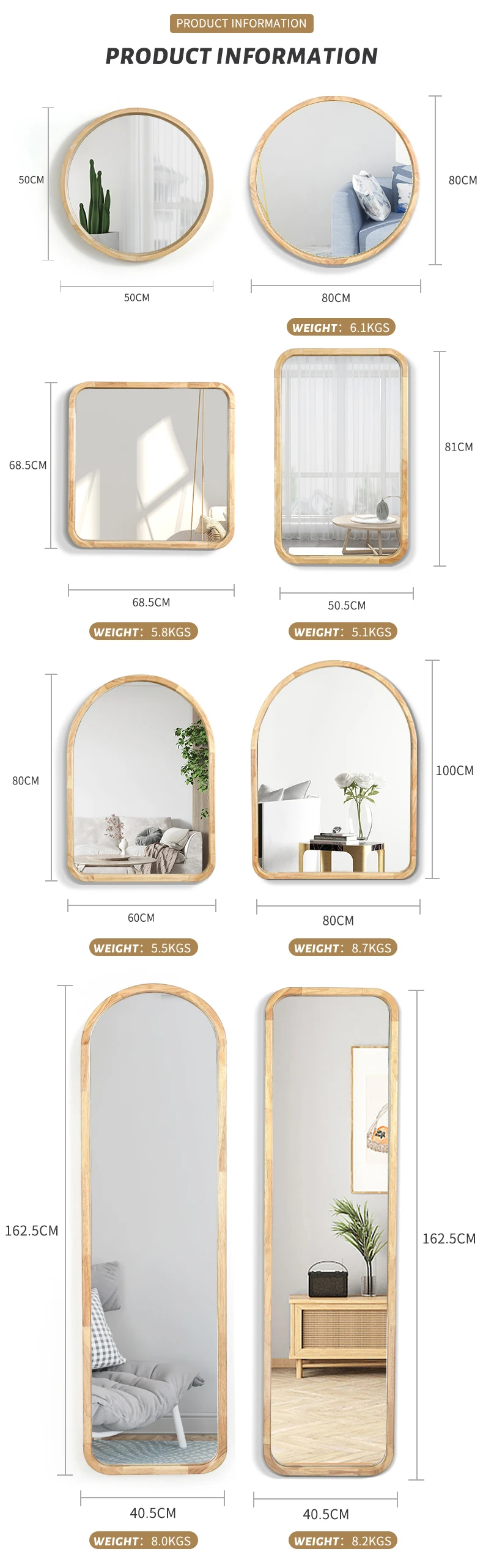 163X41 Factory Price Rural Style Square Wooden Wall Mirrors Large Solid ...