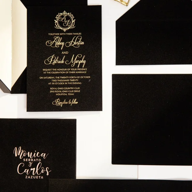 Black Velvet Invitations with Gold Foiling Printing Velvet Wedding ...