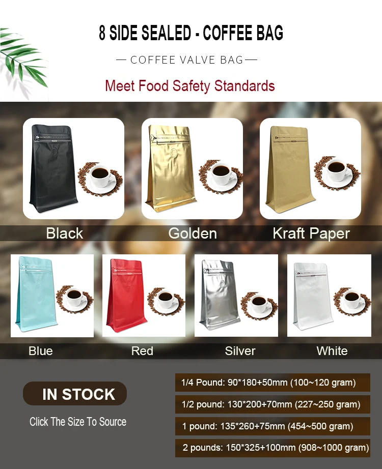 120g 250g 500g 1kg Flat Bottom Coffee Pouch With Valve Coffee Bean Packaging Bags Custom Printed ...