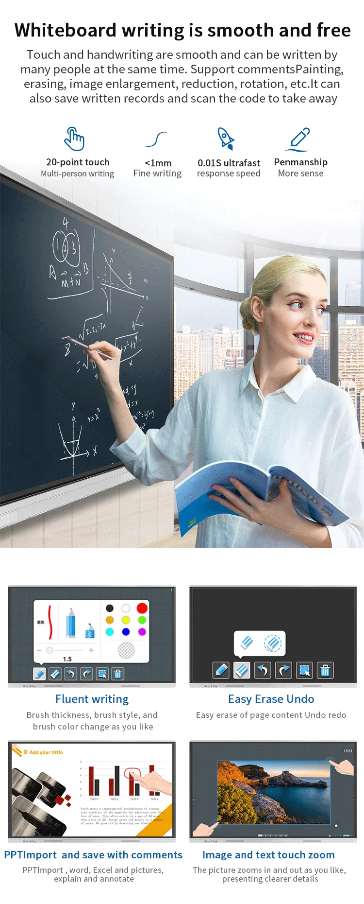 School Classroom Teaching 65 75 86 100 110 Inch Touchscreen Smart Board ...