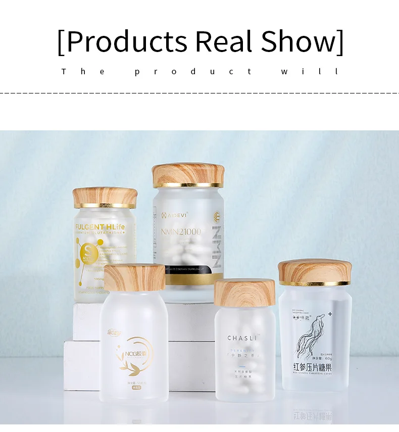 Custom Plastic Pill Bottle with Wooden Color Cap Design