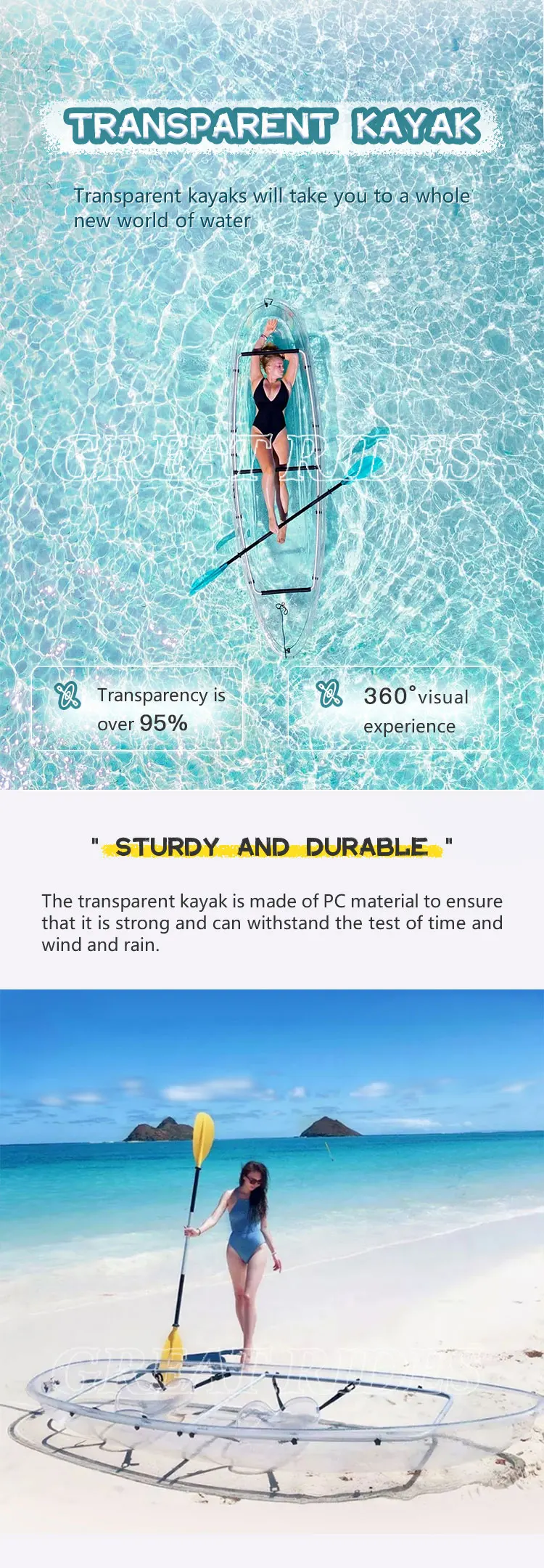 2 Seats Plastic Glass Bottom Pc Transparent Rowing Boat Canoe Kayak For ...