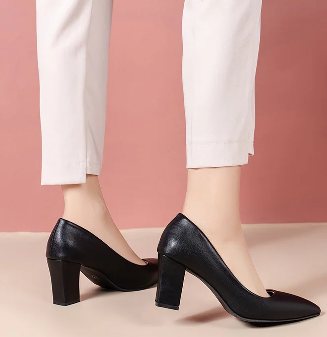 Professional Matte Black PU Leather High Heels for Women Chunky ...