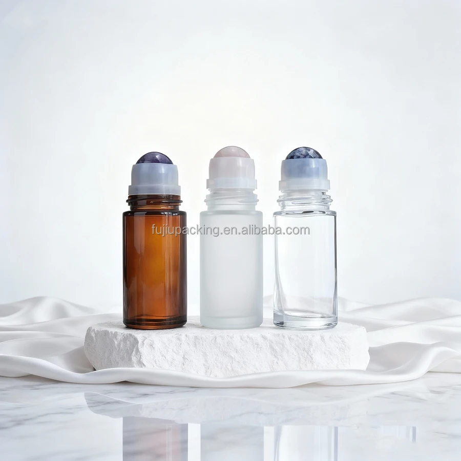 Large 30ml 50ml Amber Clear matte Glass Roll Bottles with gemstone ...