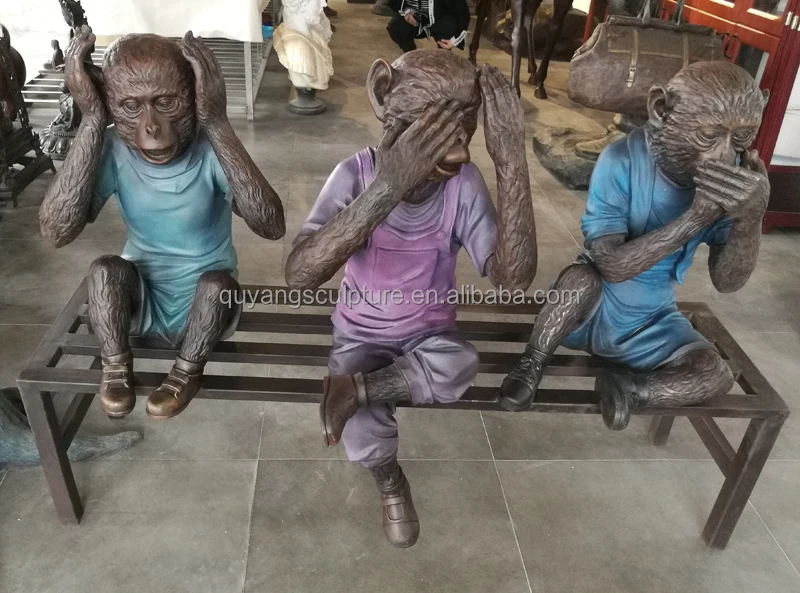 Three Wise Monkeys on Bench Sculpture Bronze Statue