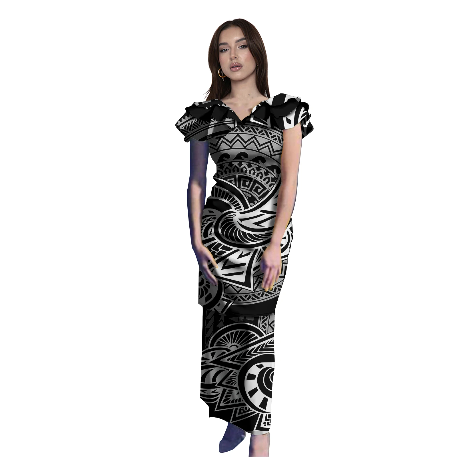 Women Polynesian Tribal Samoan Tapa Flower Print Maxi Dress Puletasi ...