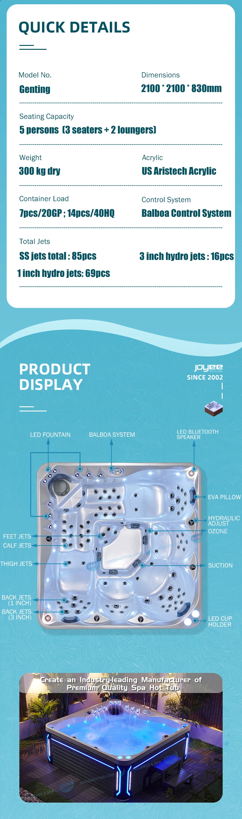 JOYEE Luxury LED 5 Persons Hot Tub - Balboa Spa Control System