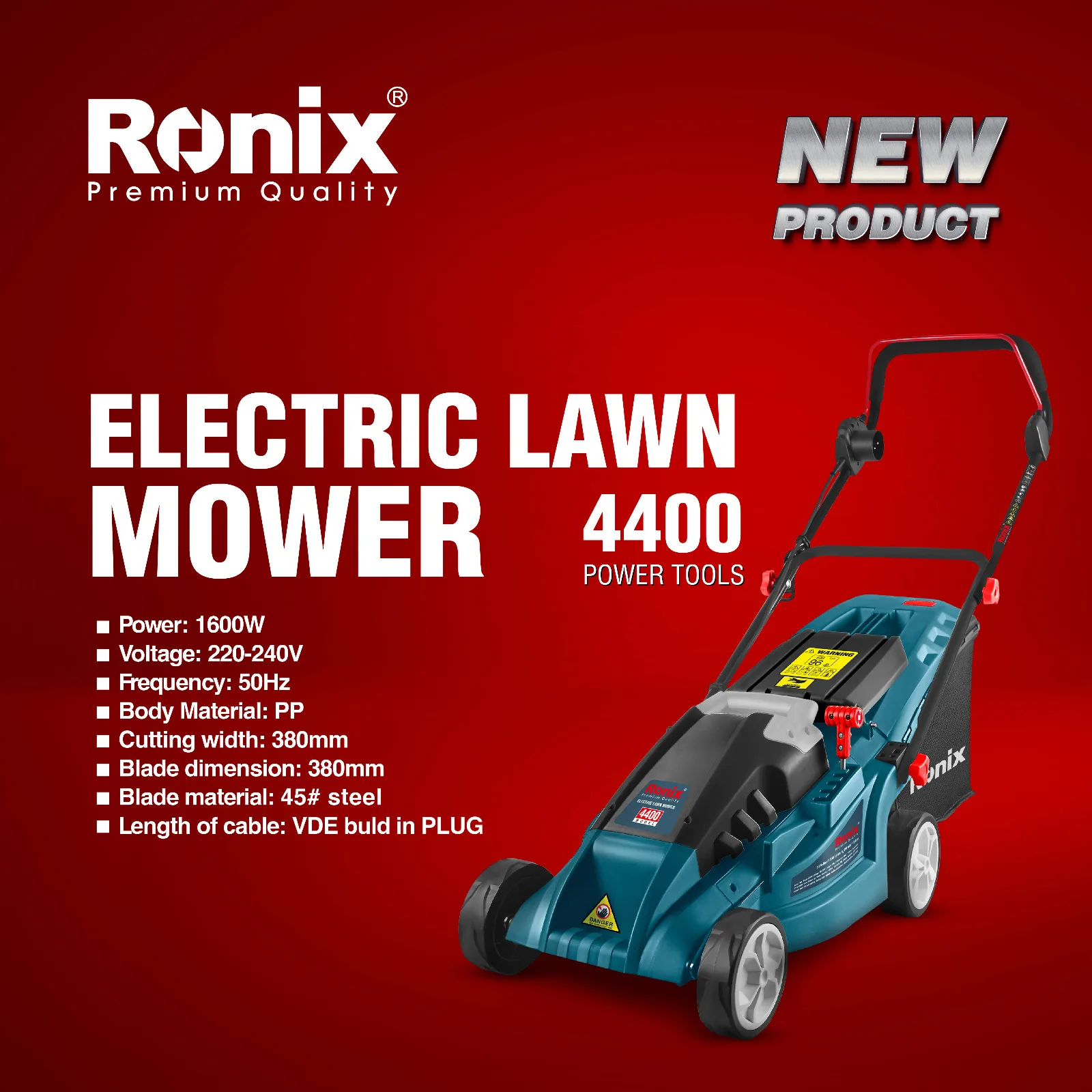 Ronix 15-inch Electric Lawn Mower 1600w Walk-behind Push Outdoor Grass ...