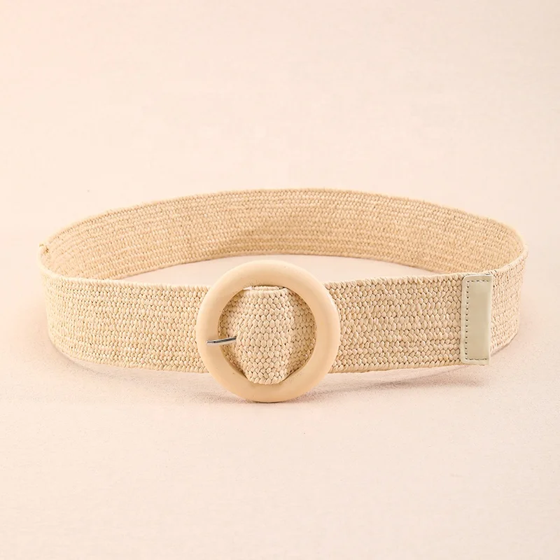 Wholesale Summer Sea Beach Round Buckle Stretch Pp Straw Woven Wide Belt Decorative Dress Women ...