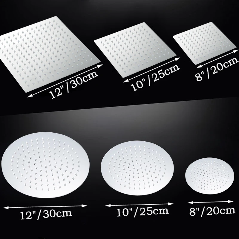 Ultra-Thin Round Shower Head in 8 10 12 16 Inch Sizes Square Stainless ...