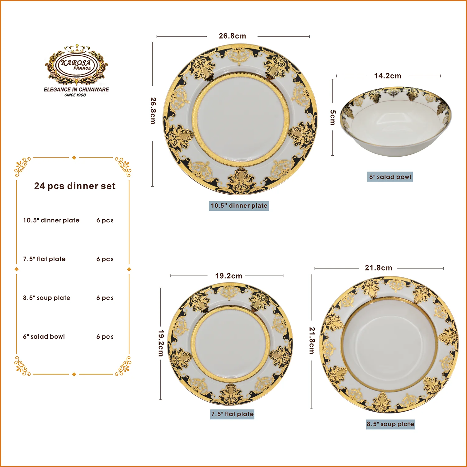 Karosa 24k Gold Luxury Porcelain Bone China Ceramic Dinnerware