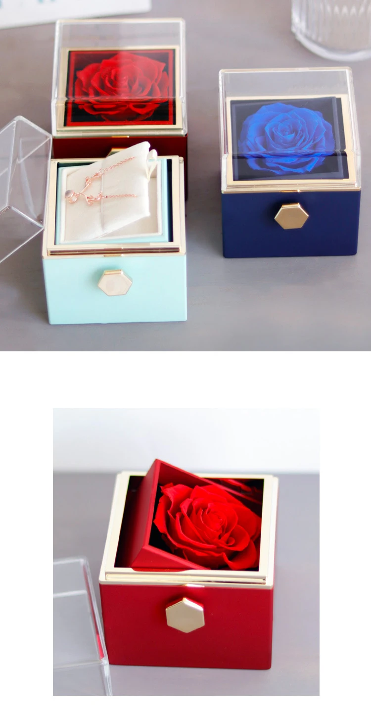 Rotating Eternal Rose Box Double Heart Engraved Flower Necklace Gift ...