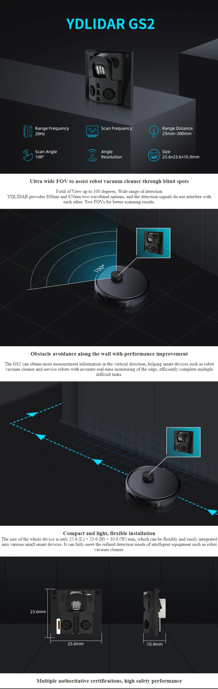 YDLIDAR GS2 Lidar Ranging Sensor - 28hz, 300M, 100° Scan