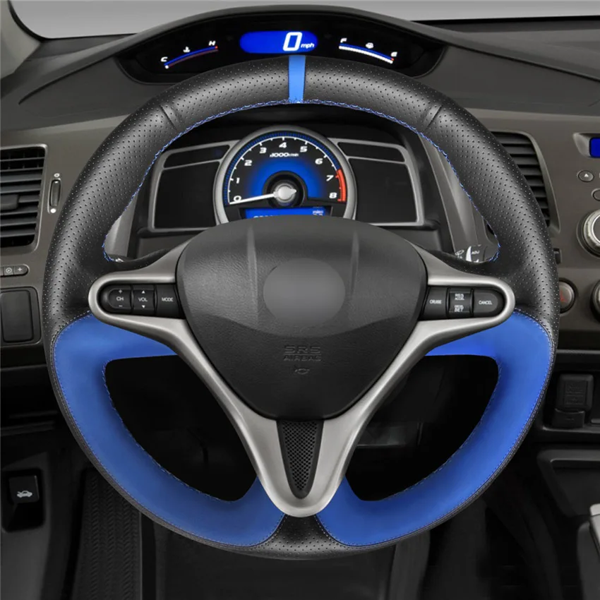 Custom Hand Sewing Blue Suede Leather Steering Wheel Cover for Honda Civic 8 8th Gen 2006 2007 2008 2009 2010 2011