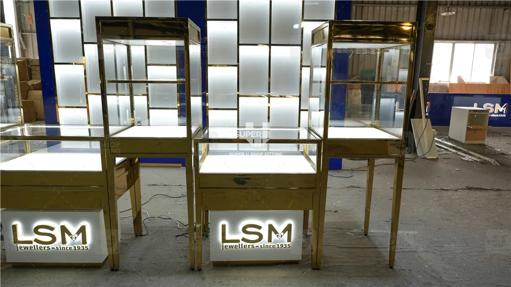 Trendy Custom Jewellery Display Cabinet Gold Stainless Steel Led ...
