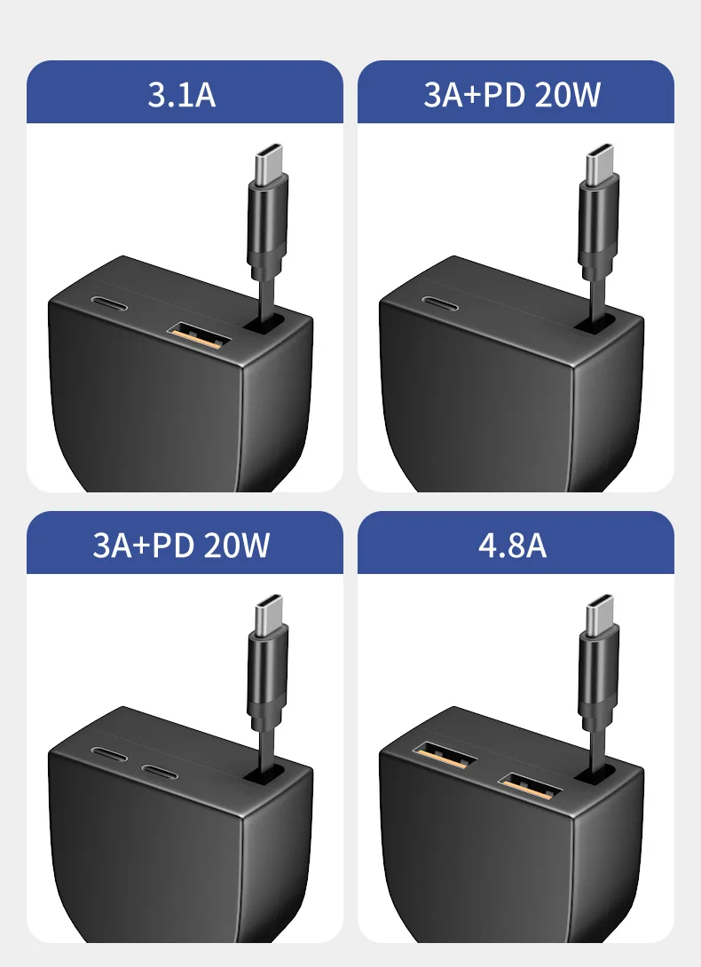 Quick Charge Dual 2 Port With Retractable Type C Charge Cable Universal ...