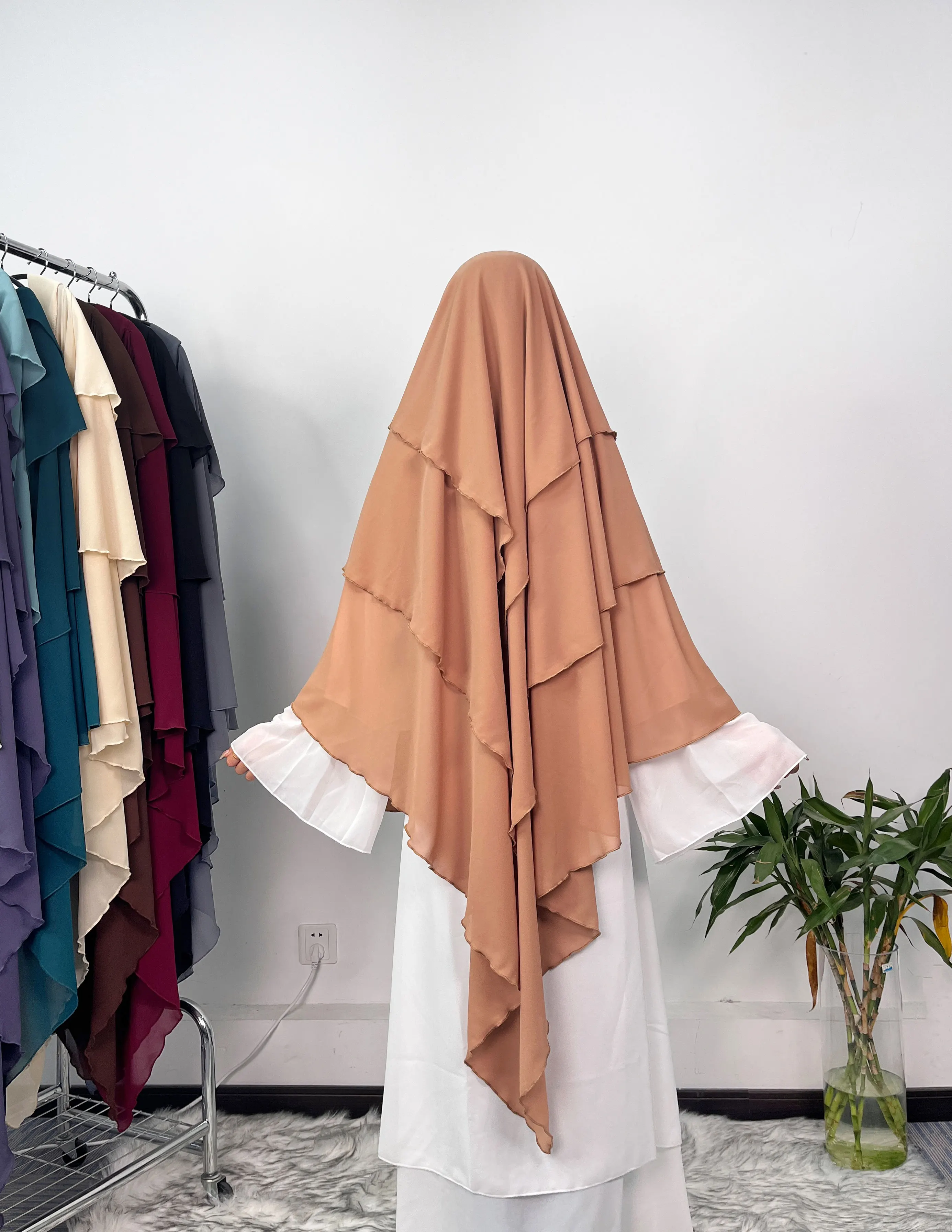 Modest Islamic Solid Three Layer Bonnet Hijabs Eid Ramadan Muslim Women Prayer Scarf Hijab ...