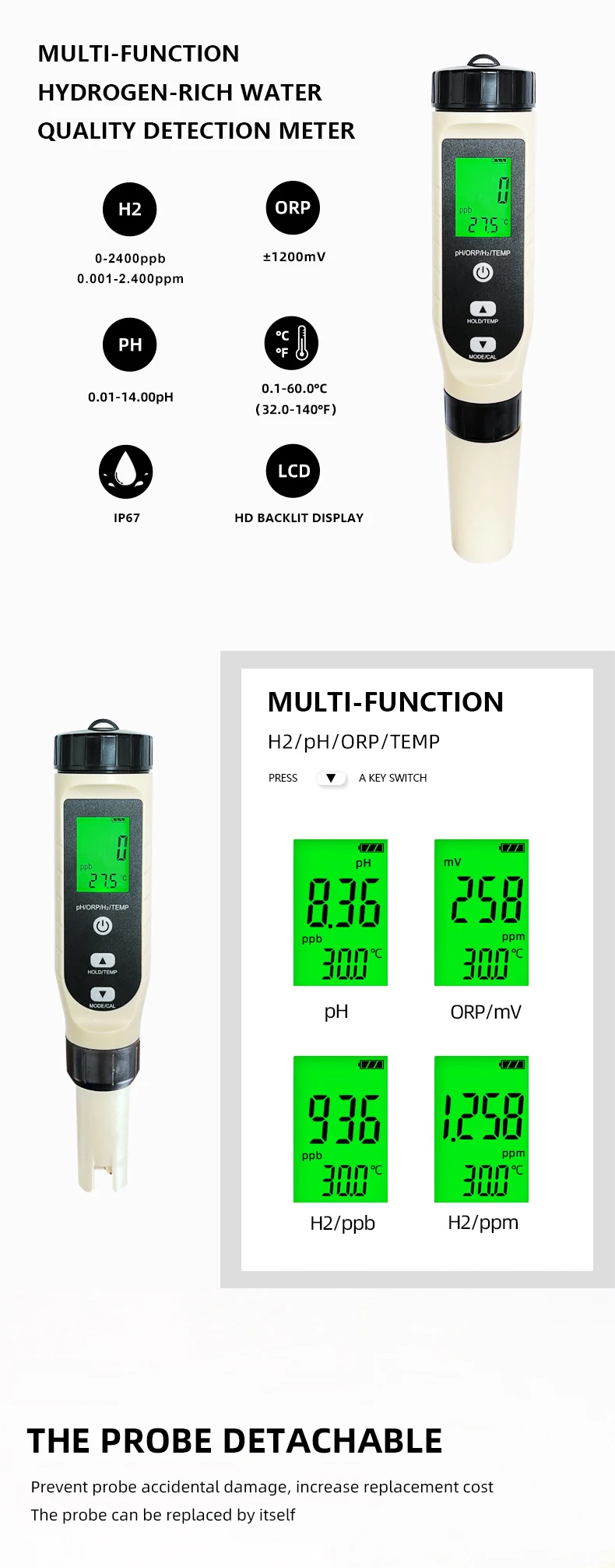 4 in 1 Ph H2 Meter - Digital Hydrogen Tester for Water Quality
