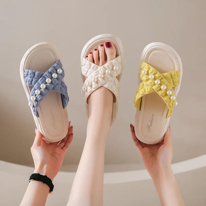 Fashion Popular cross Slippers Summer Platform Pearl Sweet Princess ...