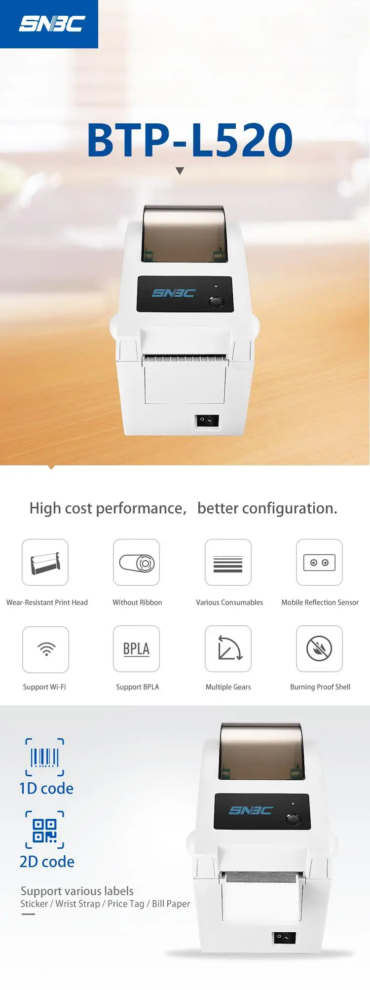 SNBC BTP-L520 Wifi USB Delivery Box Supermarket Price Label Thermal ...
