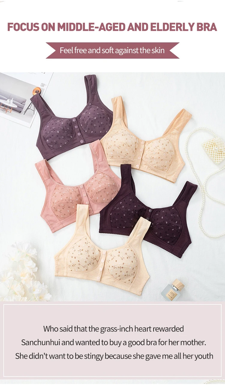 Woman Cotton Wirefree Bra Floral Front Button Closure Comfortable Snap ...