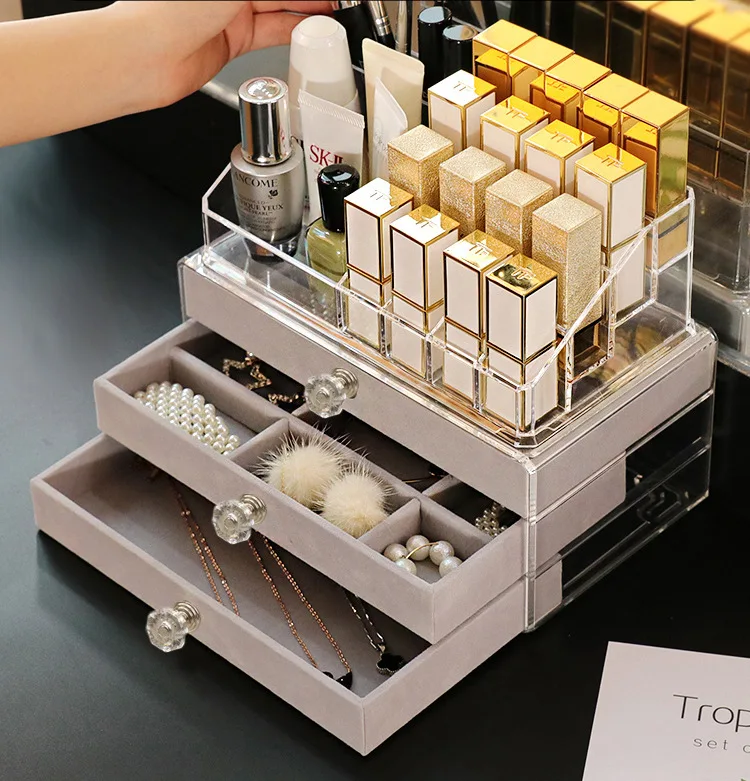 Acrylic Stackable Makeup Organizer Drawers With Compartments And Velvet ...