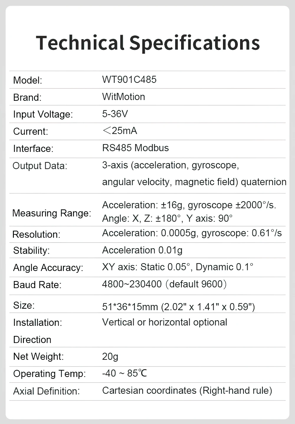 Witmotion WT901C-RS485 Triple Axis Solar Tracker Inclinometer