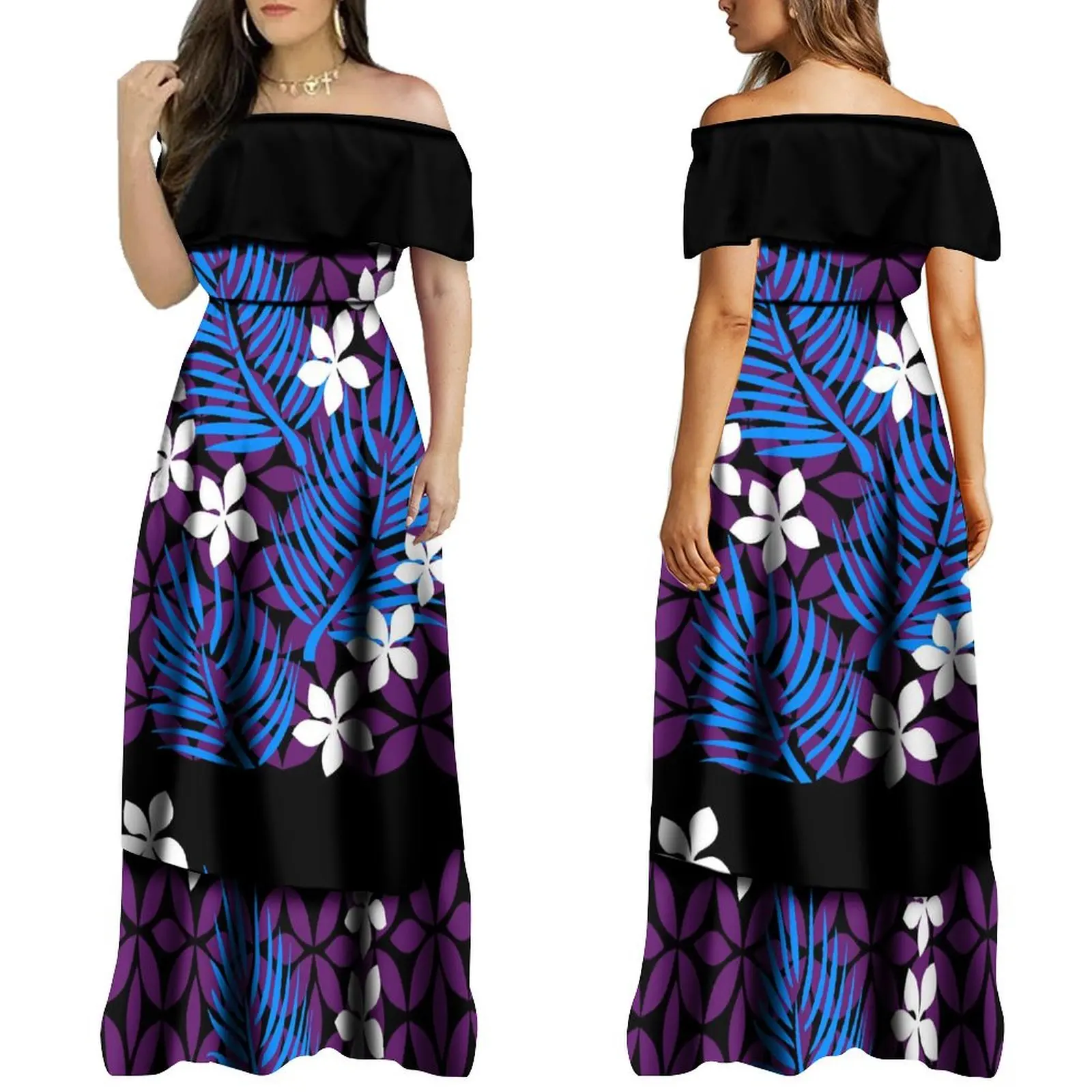Custom Hawaiian Style Plumeria Flower Print Layered Ruffle Off Shoulder ...