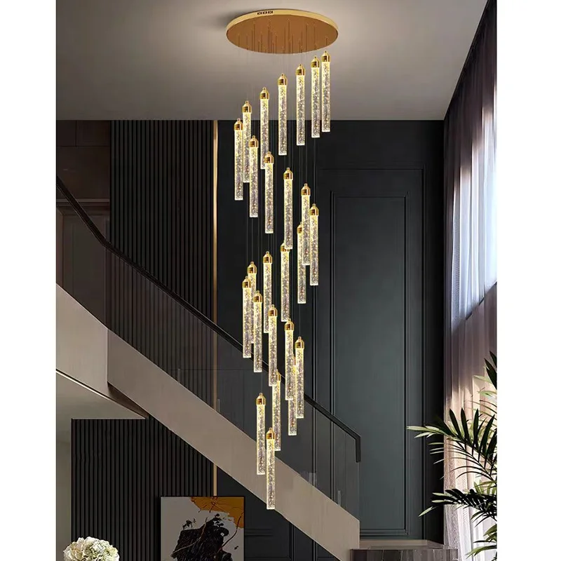 Customized Long Gold Modern Loft Duplex Led Ceiling Pendant Light Lobby Hanging Crystal ...