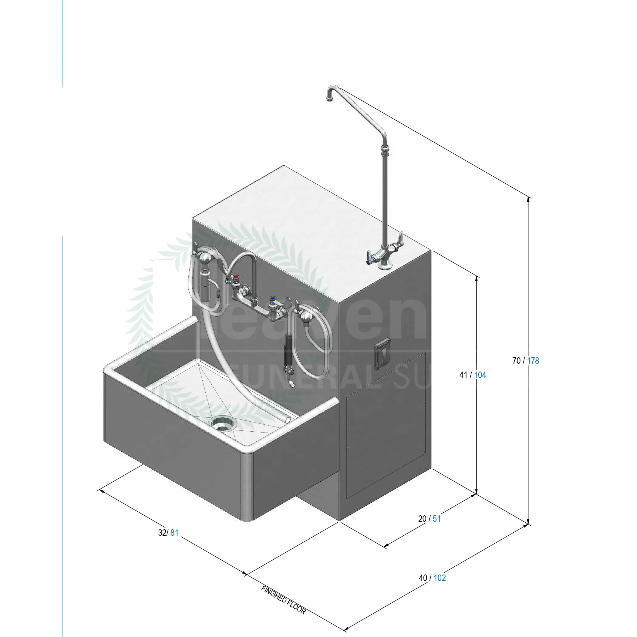 Stainless Steel Embalming Station with Sink - American Style