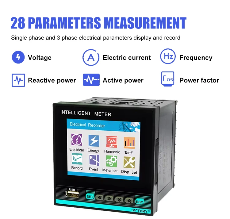 Toky High-end 3 Phase Multi-function Power Recorder 4 Switch Input 2 Alarms Output Digital Power ...