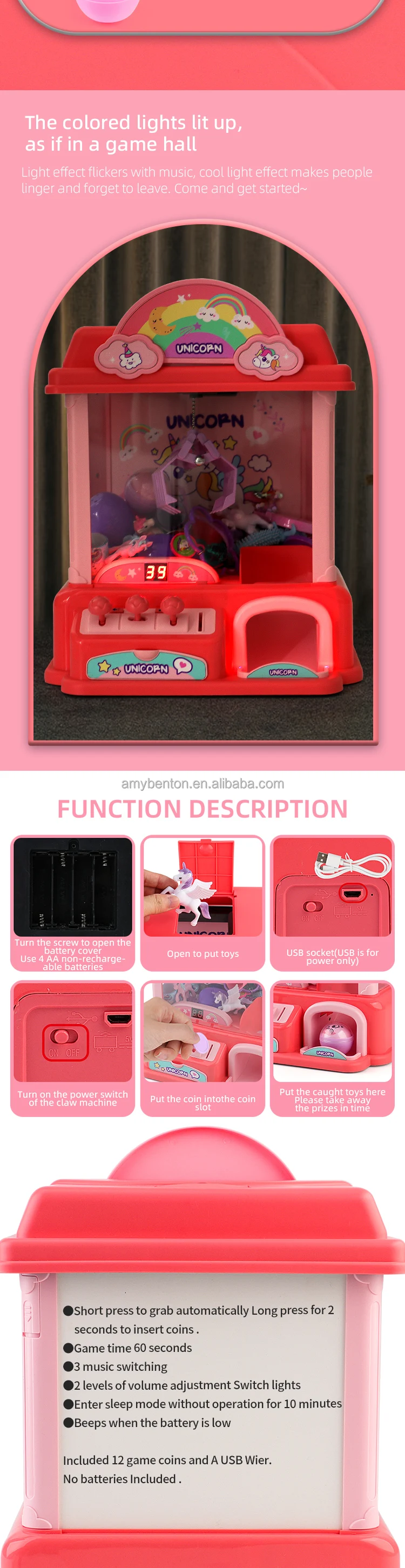 Unicorn Claw Toy Grabber Mini Arcade Machine With Lights & Sounds ...