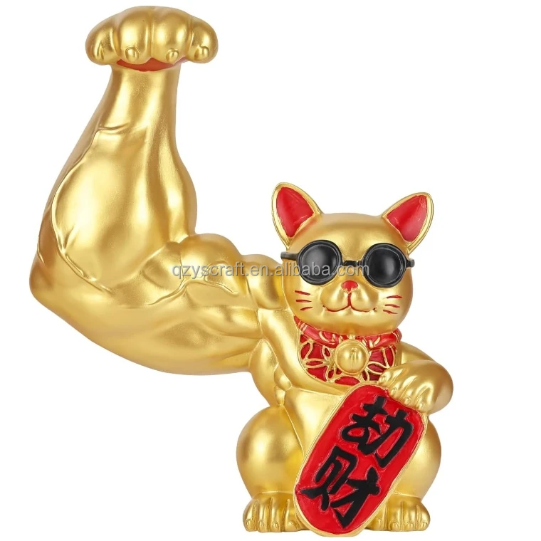 Resin Cute Animal Golden Muscle Arm Lucky Cat Crafts Home Statue - Buy ...