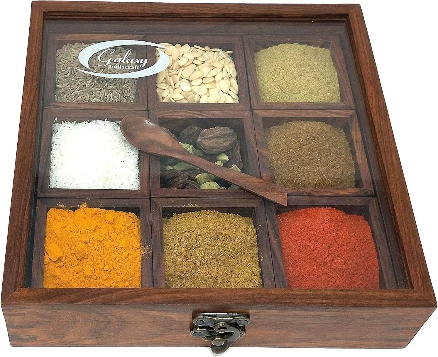 Handmade Kitchen 9 Compartment Masala Wooden Spice Box with Wood Spoon ...