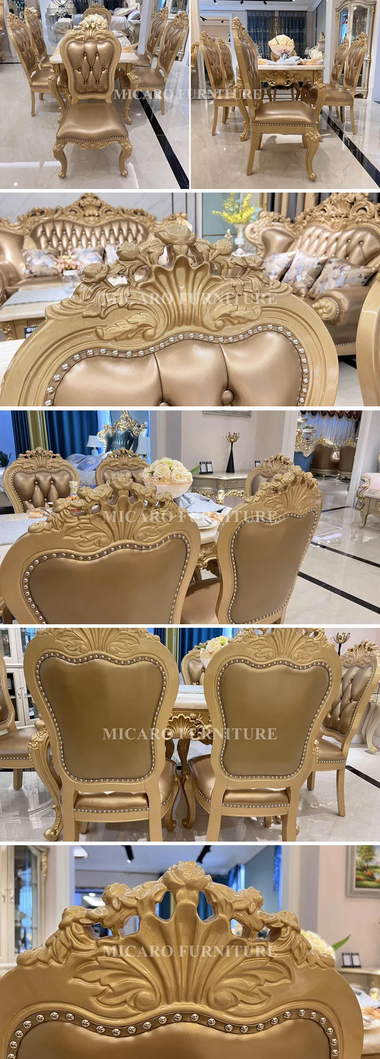 Luxury Wood Carved Arabic Dining Table with 6 Gold Chairs