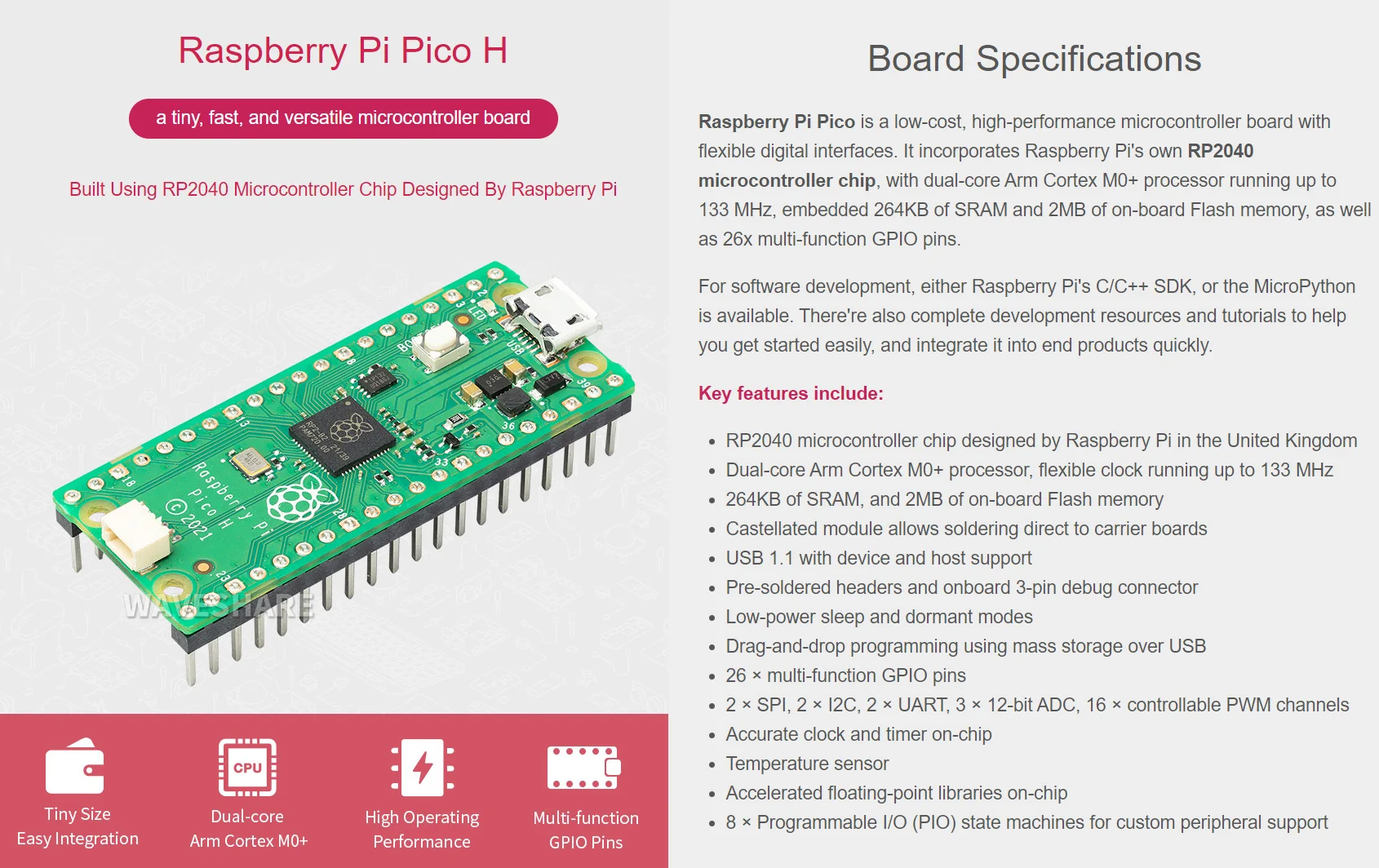 Waveshare Raspberry Pi Pico H - High-Performance Microcontroller