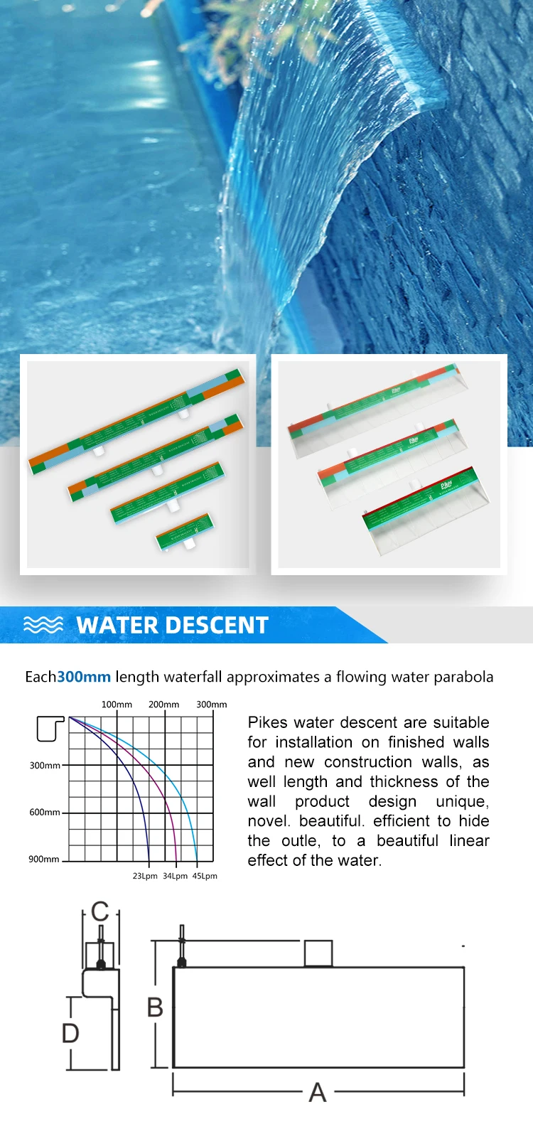 Pikes Waterfall Garden Wall Fountain Water Descent Lighting Pumps ...