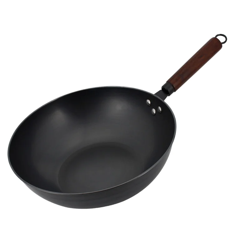 40cm Cast Iron Wok Single Handle Wood Round Pattern for Optimal Heat ...
