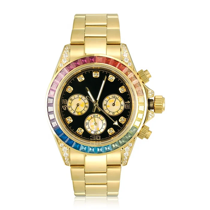 Luxury 18k Gold Plated Multicolor Diamond Stainless Steel Mens Wrist ...
