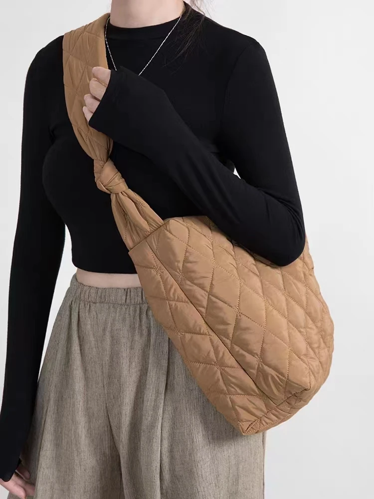Nylon Puffer Tote Bag - Quilted Puffy Handbag for Women