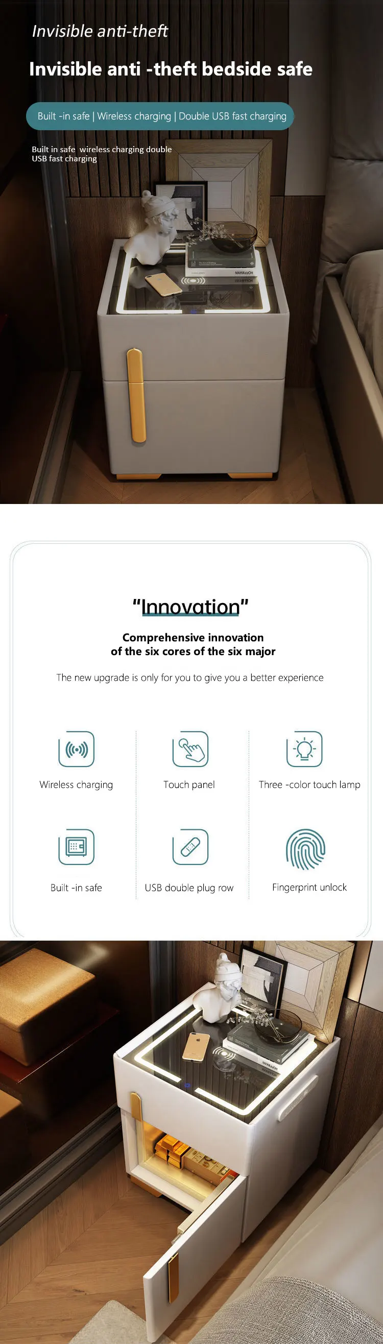 Smart Bedside Table - Modern USB Wireless Charging Nightstand
