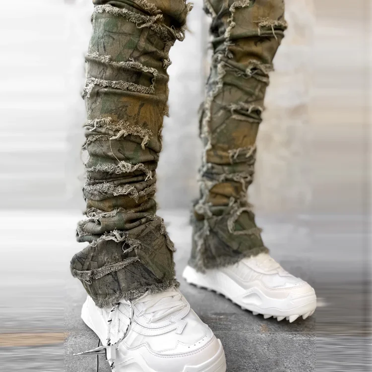 Hot Sale Streetwear Men Stacked Jeans Dark Forest Camo Tree Print ...